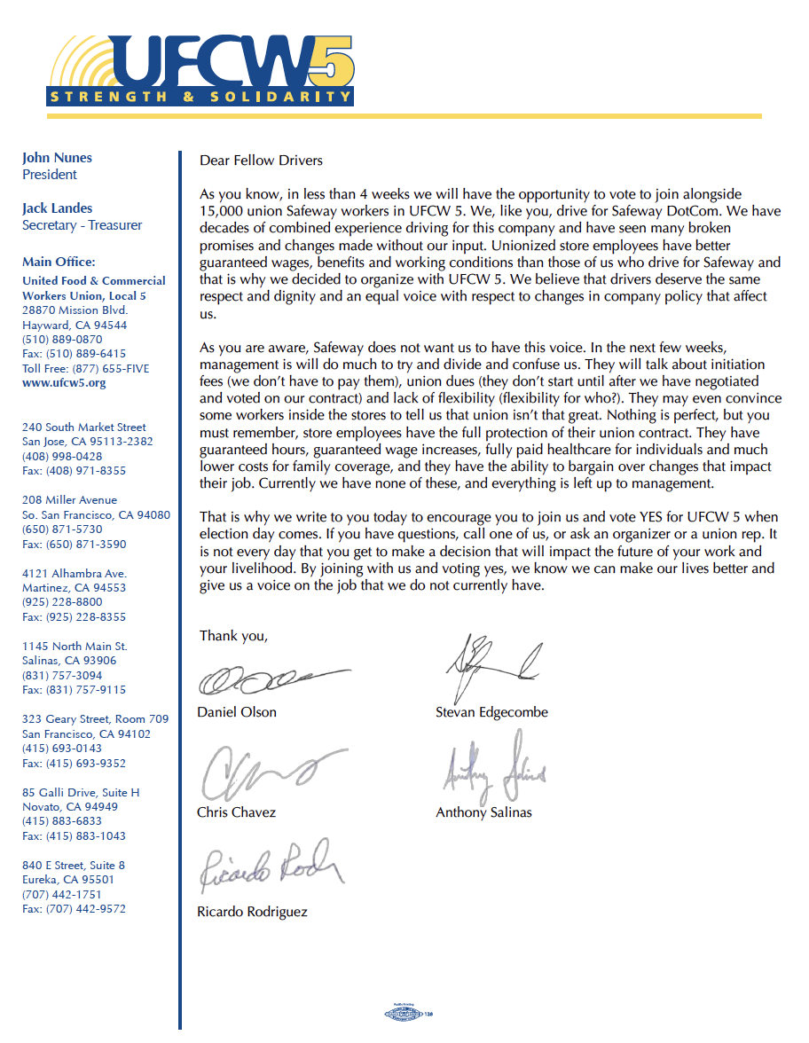 Committee Letter - UFCW5 Local Union