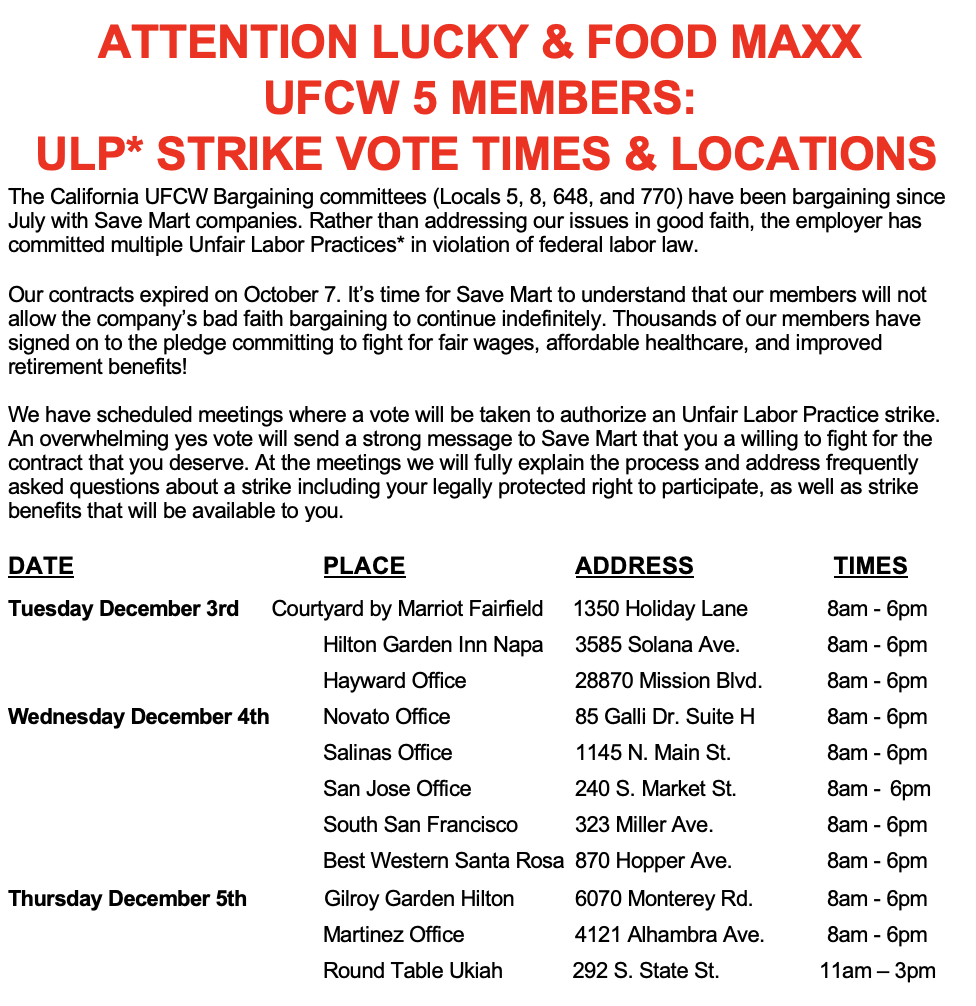 ATTENTION LUCKY & FOOD MAXX UFCW 5 MEMBERS: ULP* STRIKE VOTE TIMES ...
